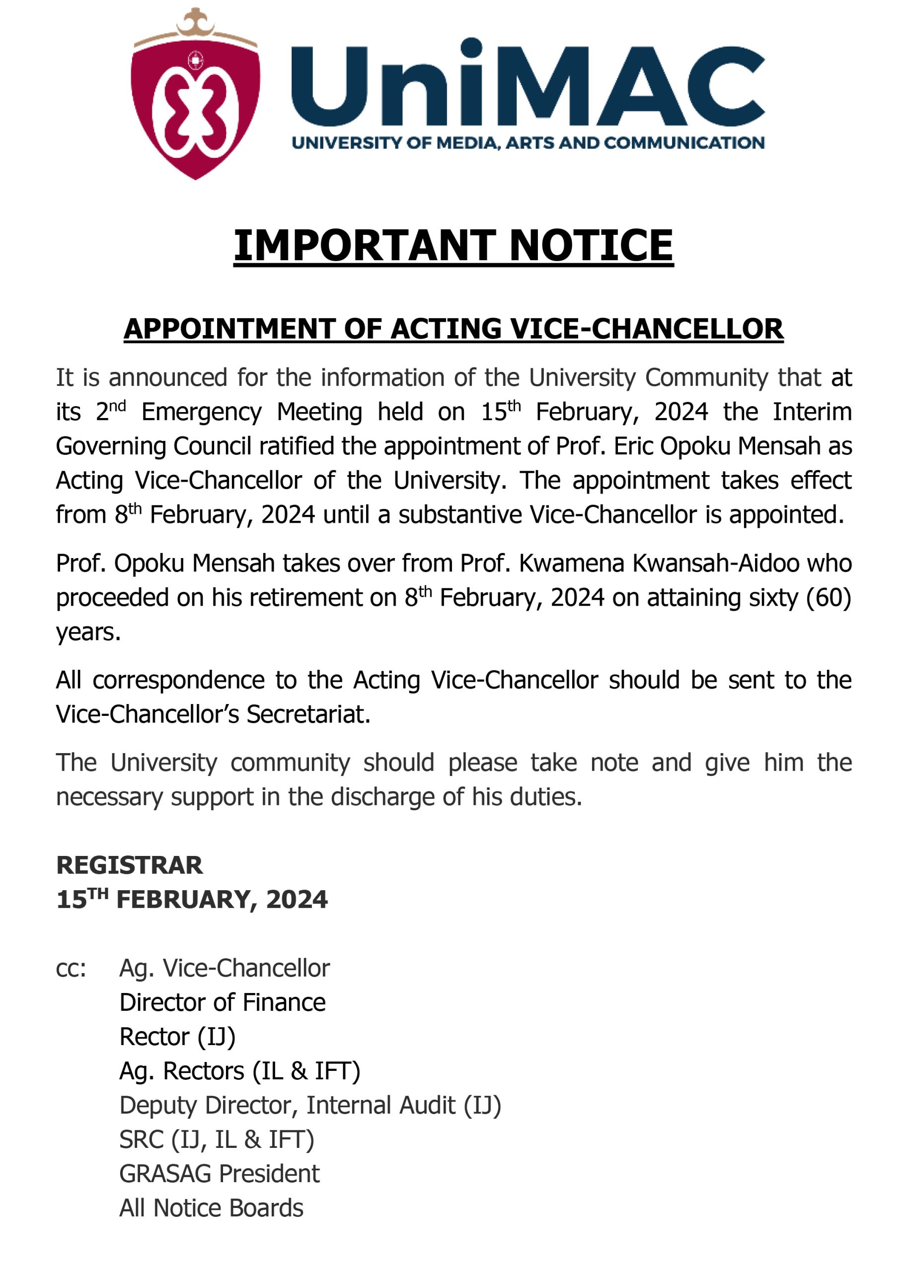 APPOINTMENT OF ACTING VICE-CHANCELLOR – University of Media, Arts and Communication