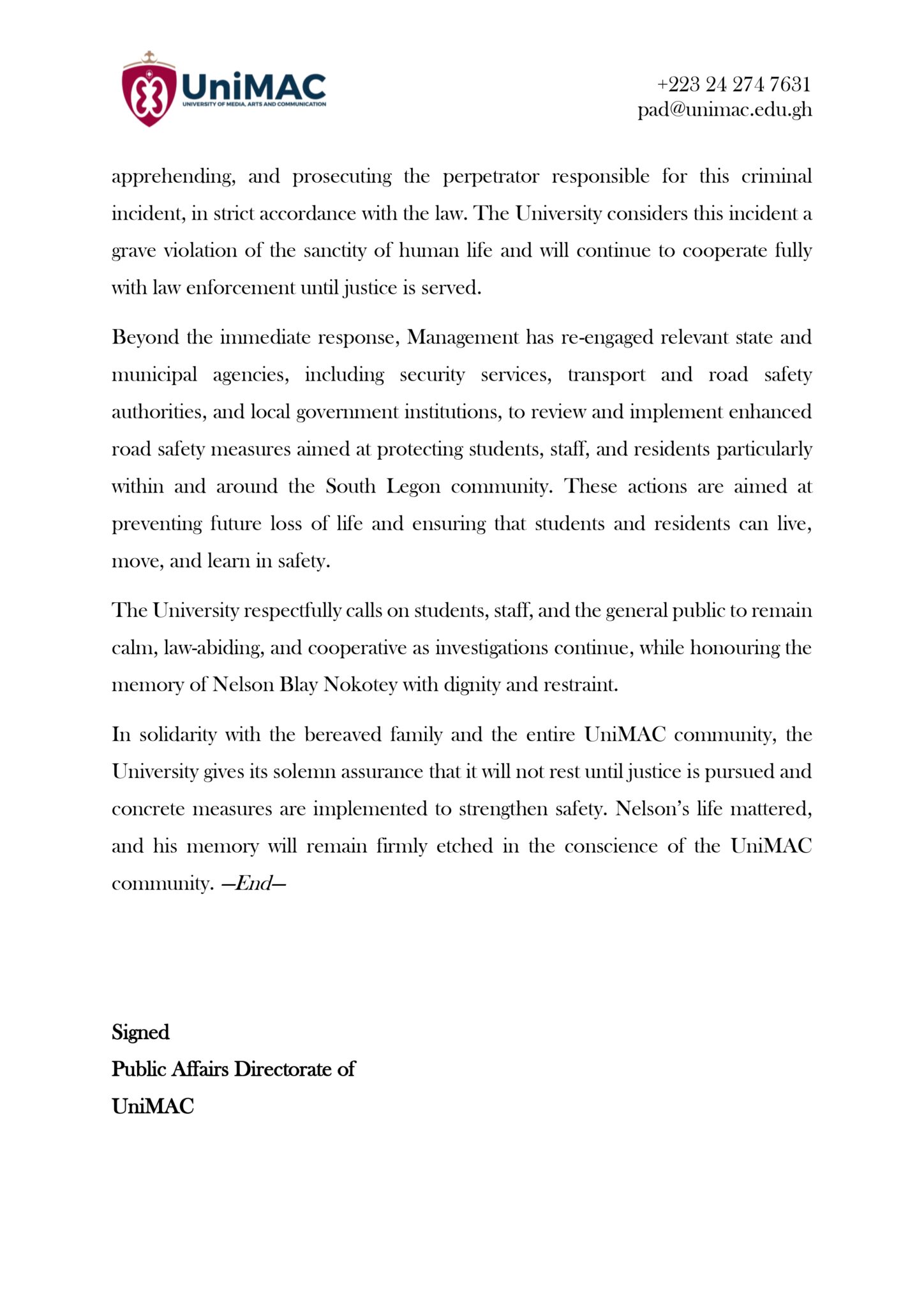 For Immediate Release - January - University of Media, Arts and ...